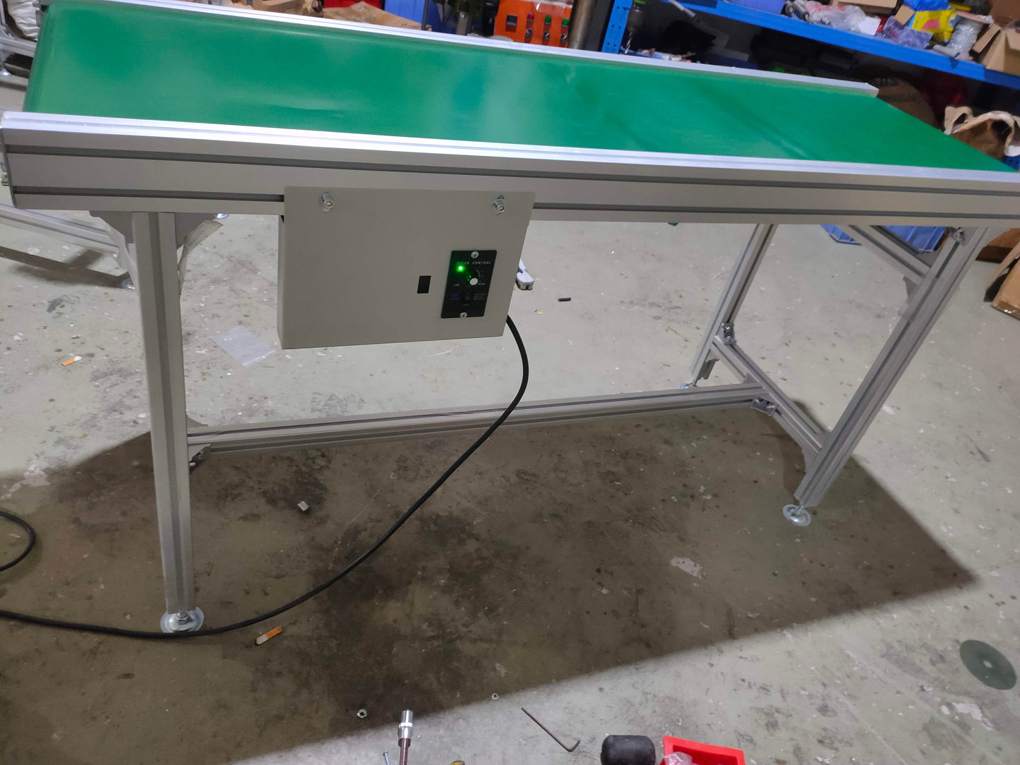 Adjustable speed control conveyor , 500x1000mm green PVC belt. – RM ...